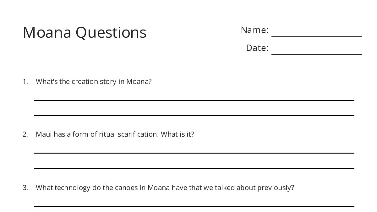 Moana Questions - My Worksheet Maker: Create Your Own Worksheets