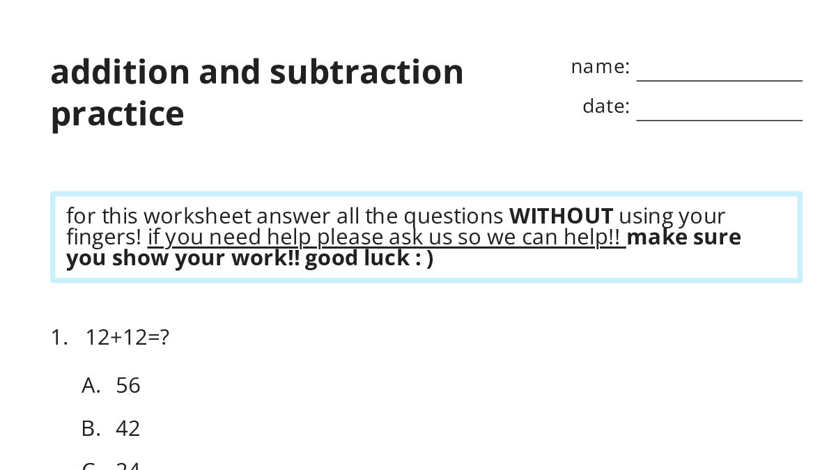 addition and subtraction practice - My Worksheet Maker: Create Your Own ...