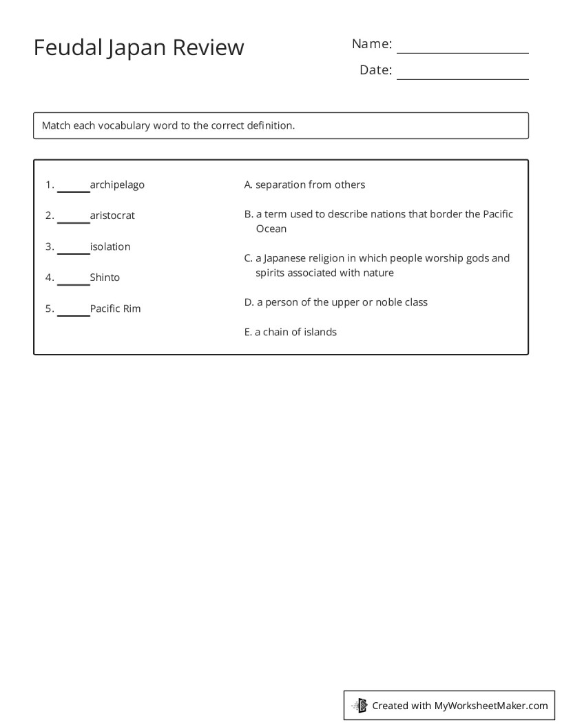 Feudal Japan Review - My Worksheet Maker: Create Your Own Worksheets