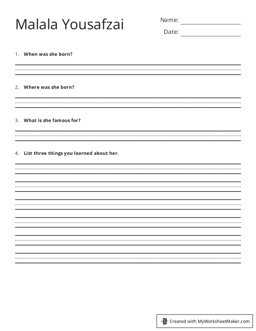 Malala Yousafzai - My Worksheet Maker: Create Your Own Worksheets