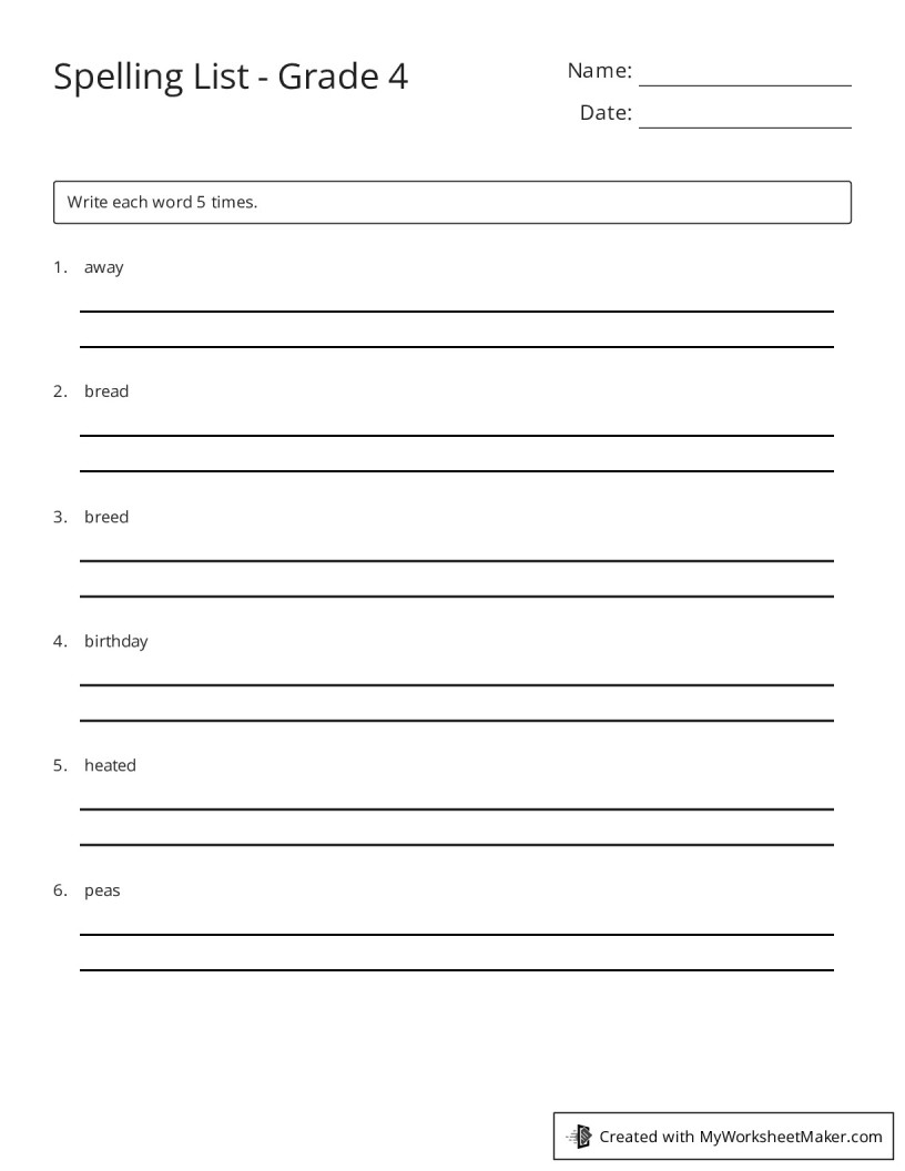Spelling List - Grade 4 - My Worksheet Maker: Create Your Own Worksheets