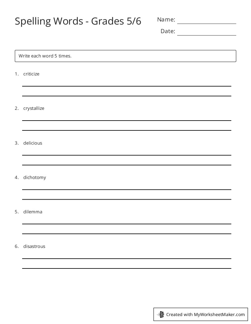 Spelling Words - Grades 5/6 - My Worksheet Maker: Create Your Own ...