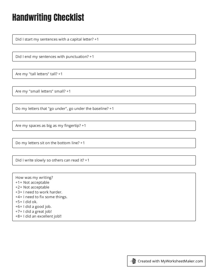 Handwriting Checklist - My Worksheet Maker: Create Your Own Worksheets