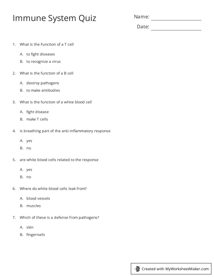 Immune System Quiz - My Worksheet Maker: Create Your Own Worksheets