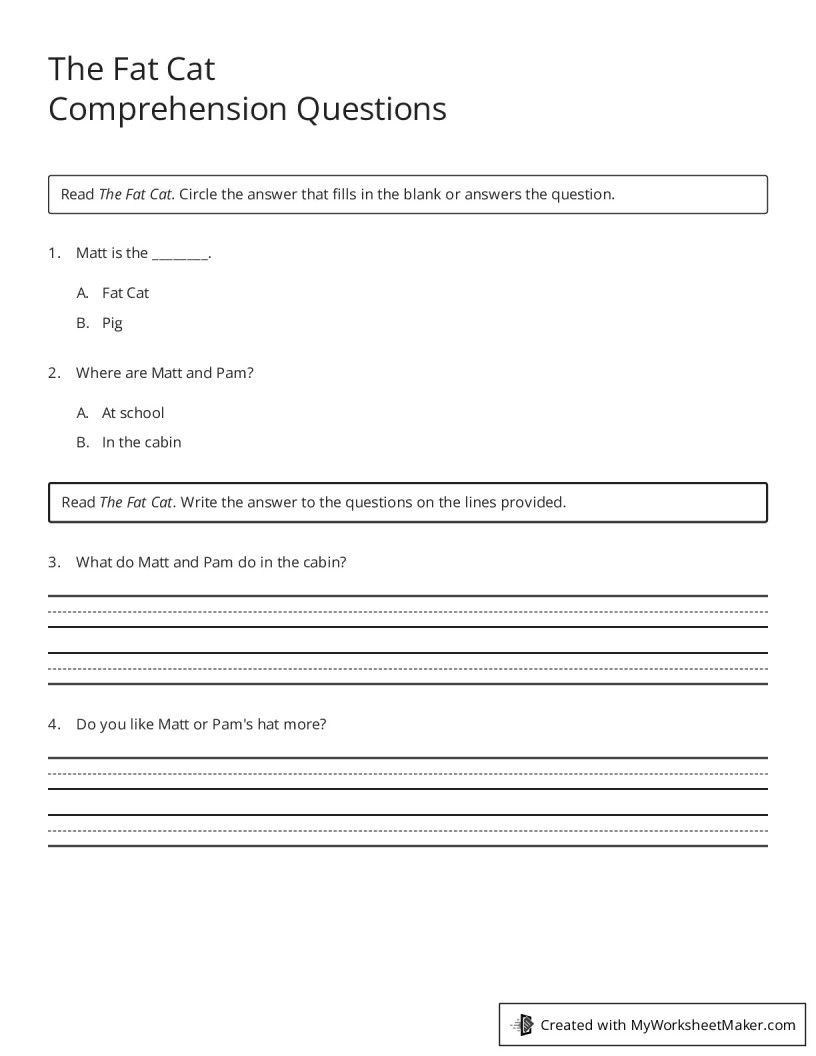 The Fat CatComprehension Questions - My Worksheet Maker: Create Your ...