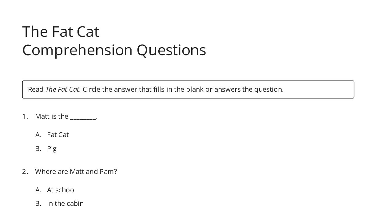 The Fat Cat Comprehension Questions - My Worksheet Maker: Create Your ...