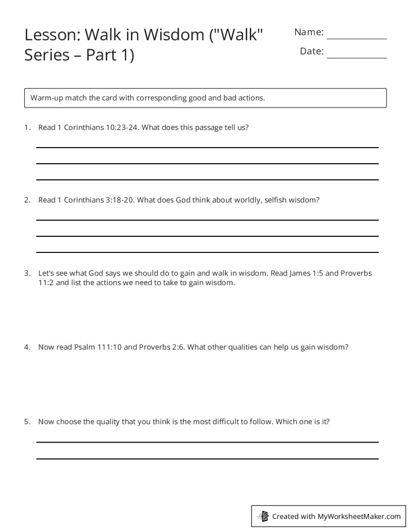 Lesson: Walk in Wisdom ("Walk" Series – Part 1) - My Worksheet Maker ...