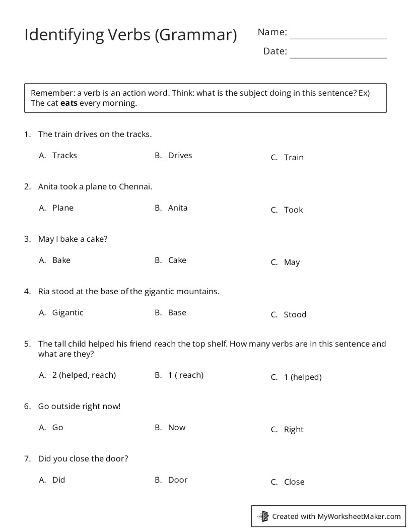 Identifying Verbs (Grammar) - My Worksheet Maker: Create Your Own ...