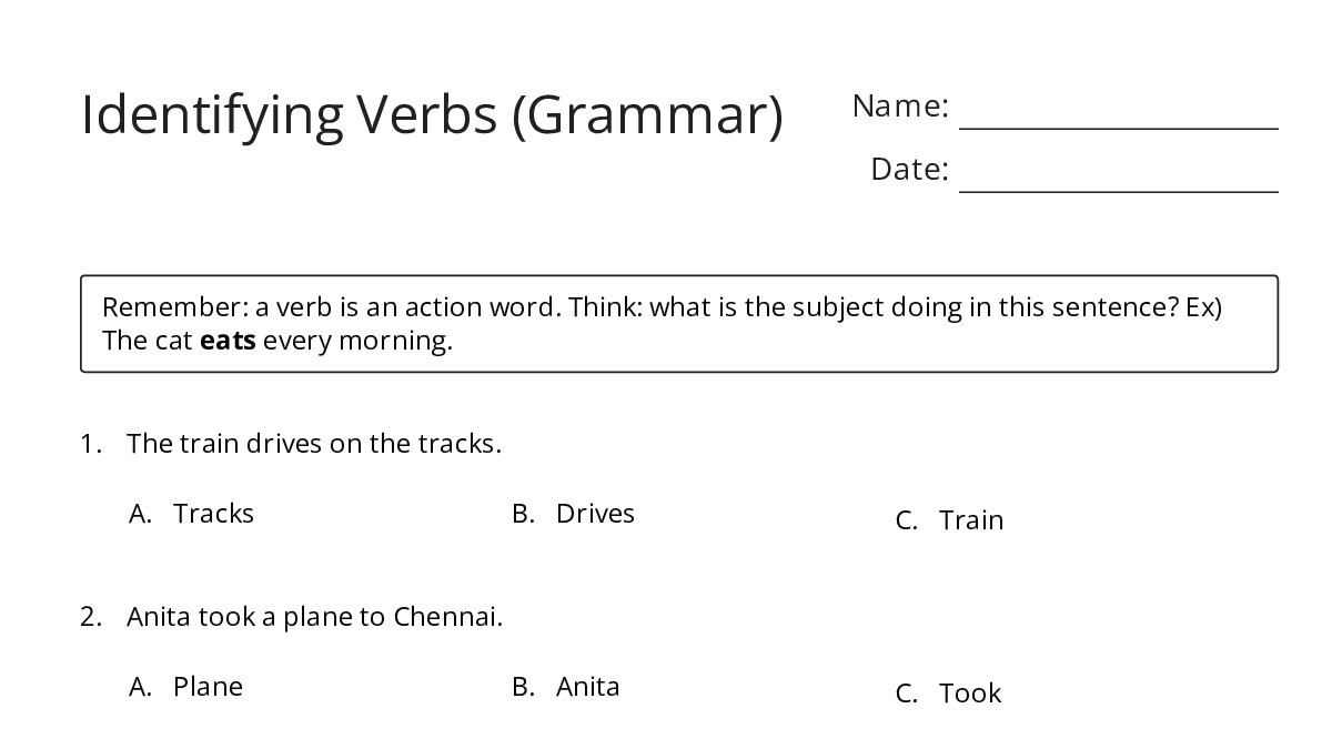 Identifying Verbs (Grammar) - My Worksheet Maker: Create Your Own ...