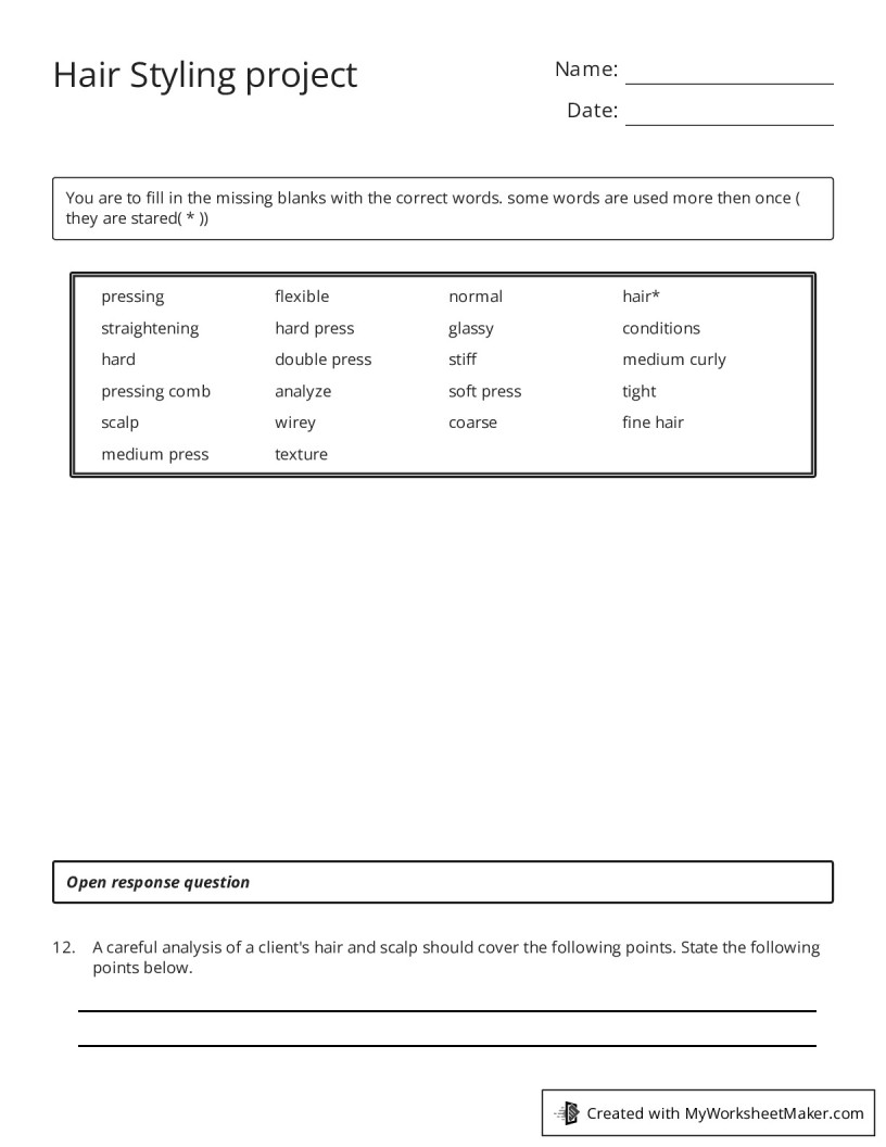 Hair Styling project - My Worksheet Maker: Create Your Own Worksheets