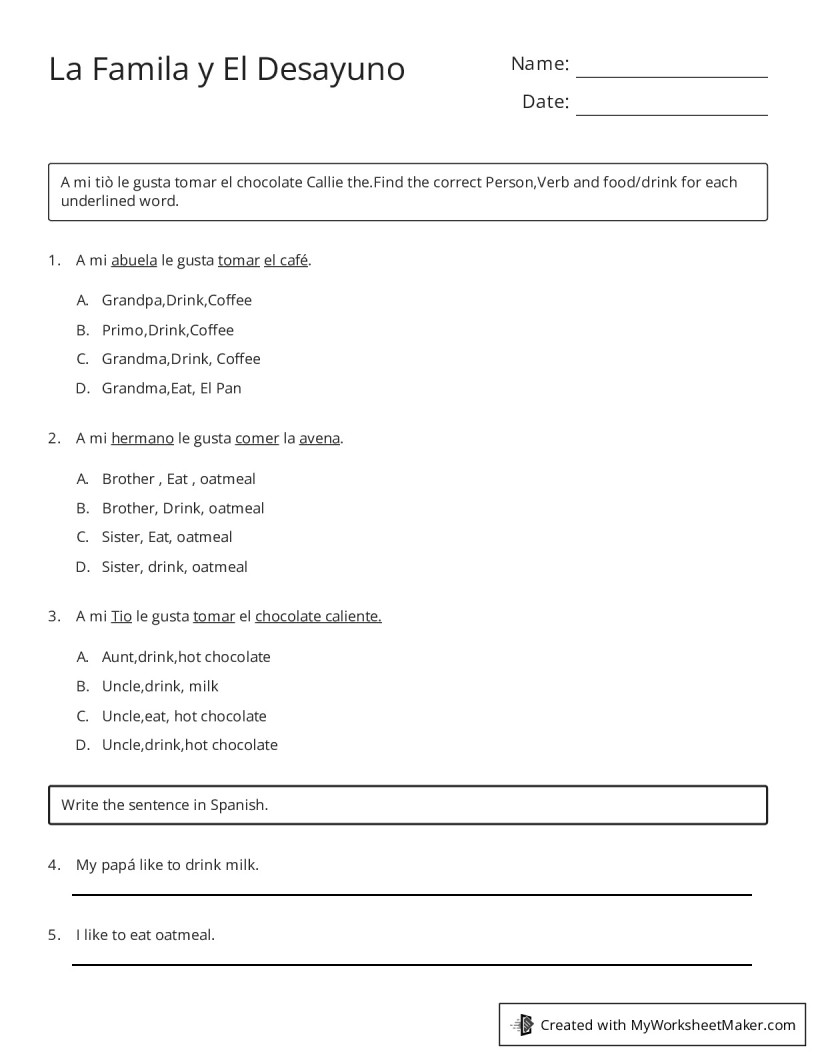 La Famila y El Desayuno - My Worksheet Maker: Create Your Own Worksheets