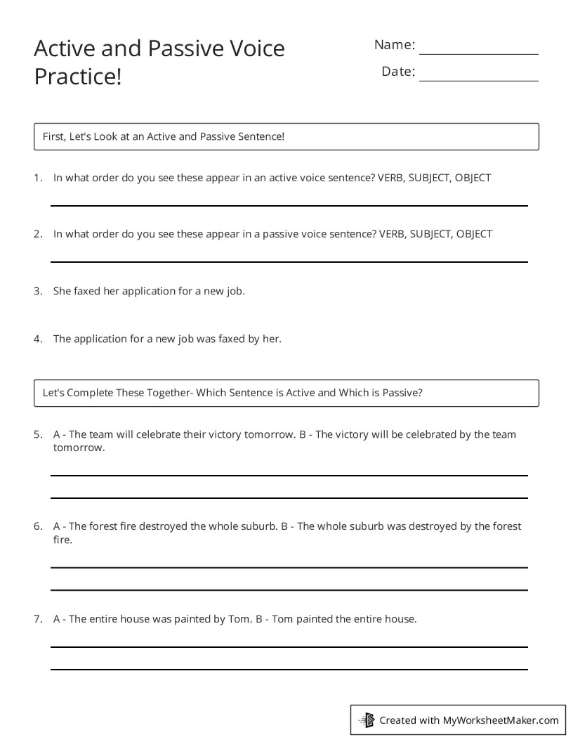 Active and Passive Voice Practice! - My Worksheet Maker: Create Your ...