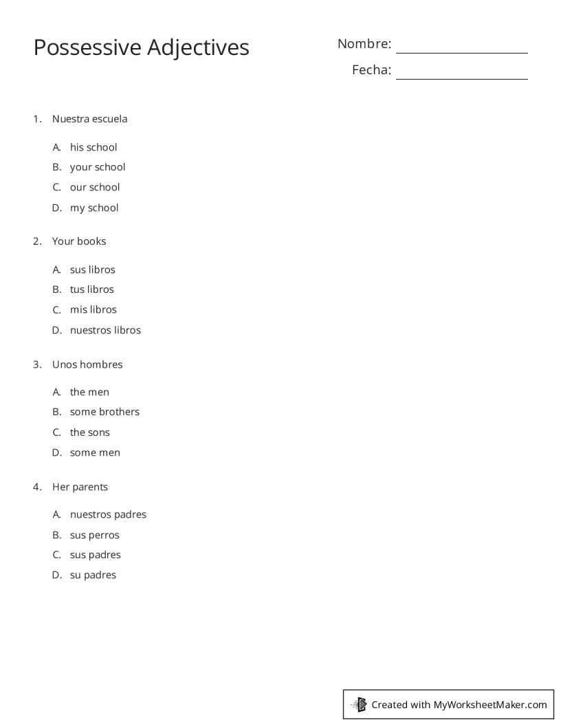 Possessive Adjectives - My Worksheet Maker: Create Your Own Worksheets