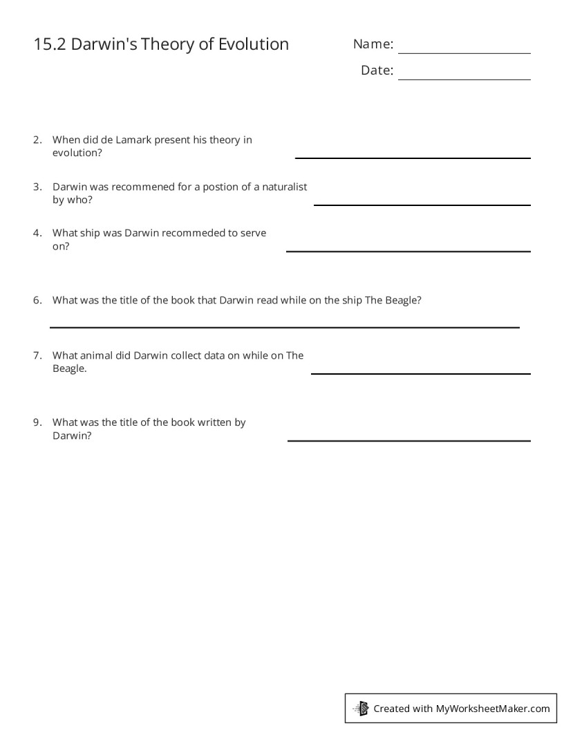15.2 Darwin's Theory of Evolution - My Worksheet Maker: Create Your Own ...