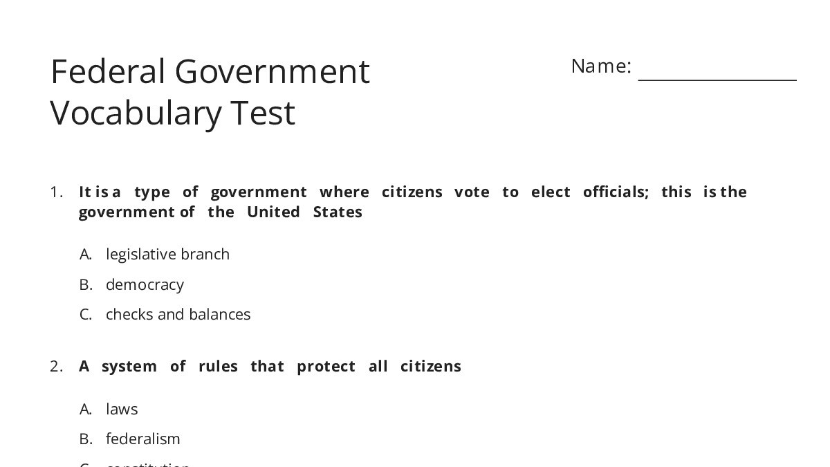 Federal Government Vocabulary Test - My Worksheet Maker: Create Your ...