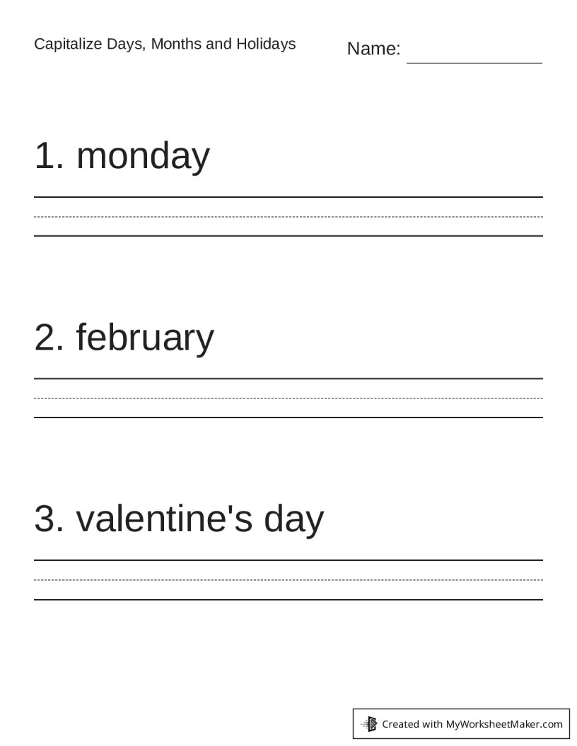 Capitalize Days, Months and Holidays - My Worksheet Maker: Create Your ...