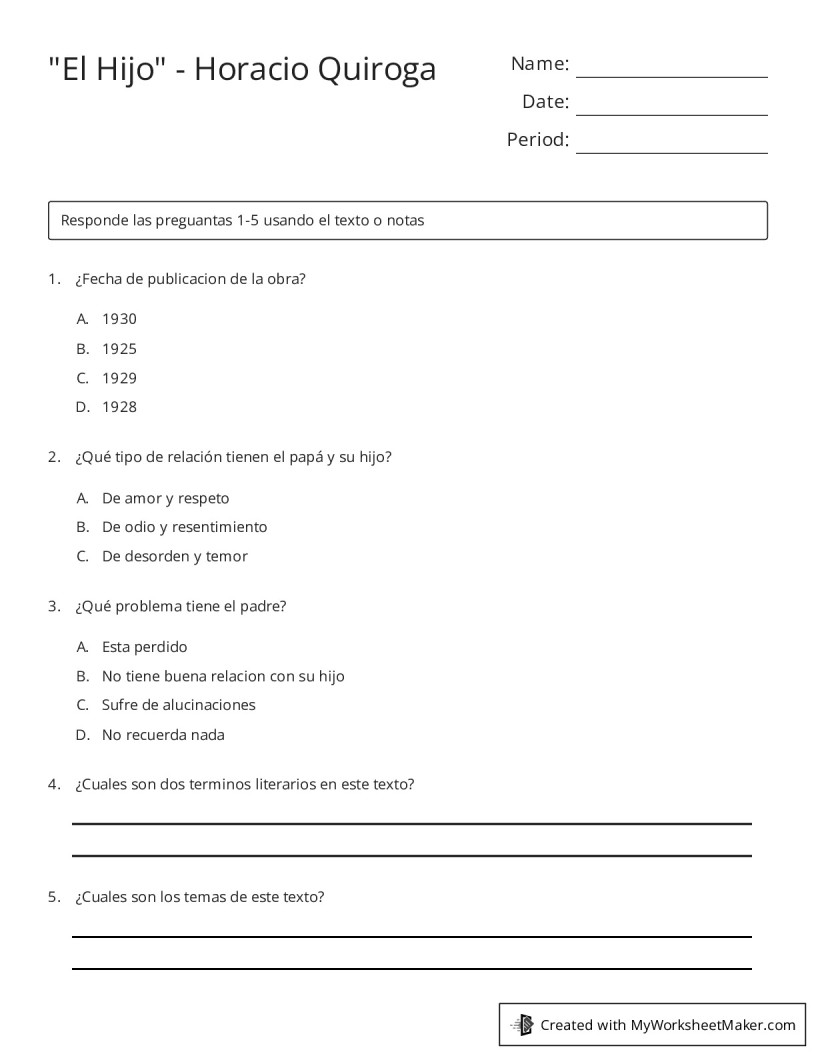 "El Hijo" - Horacio Quiroga - My Worksheet Maker: Create Your Own ...