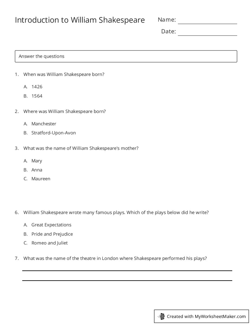 Introduction to William Shakespeare - My Worksheet Maker: Create Your ...