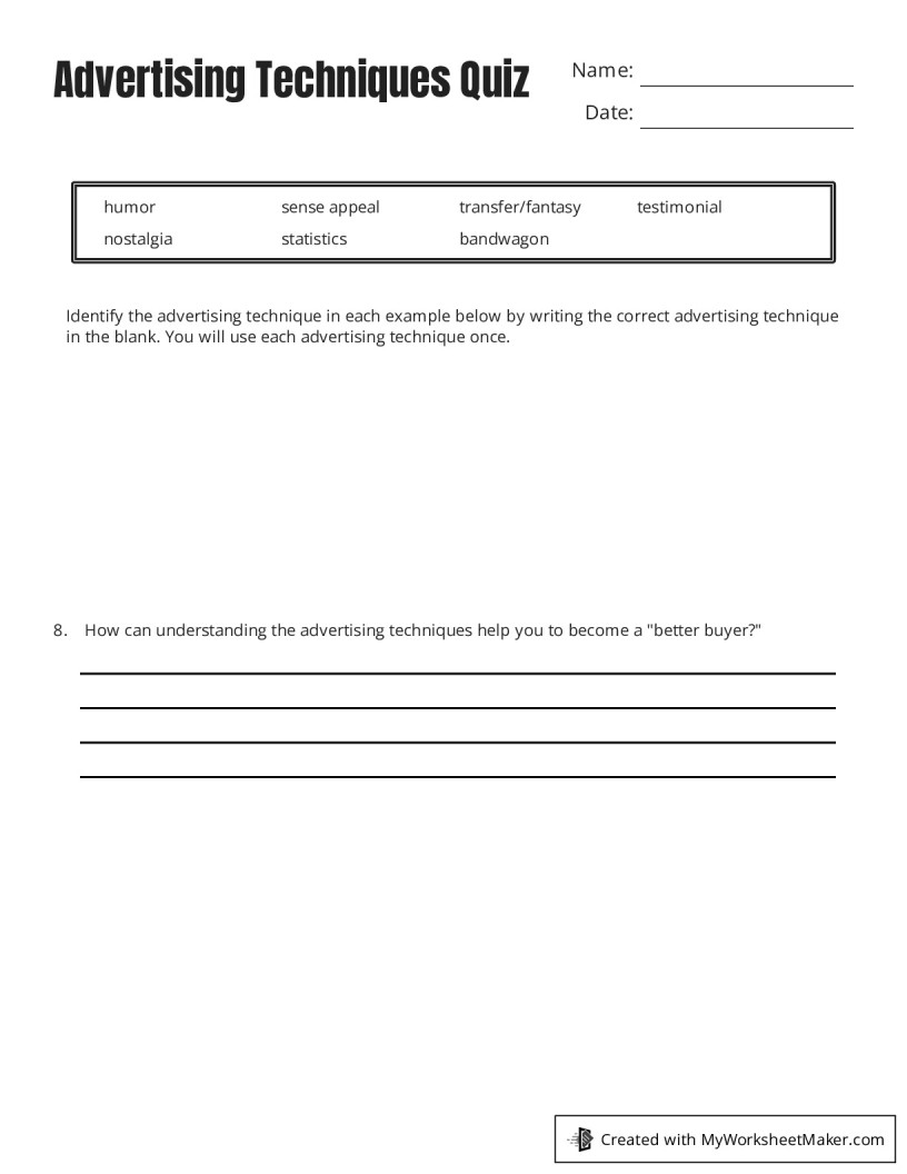 Advertising Techniques Quiz - My Worksheet Maker: Create Your Own ...
