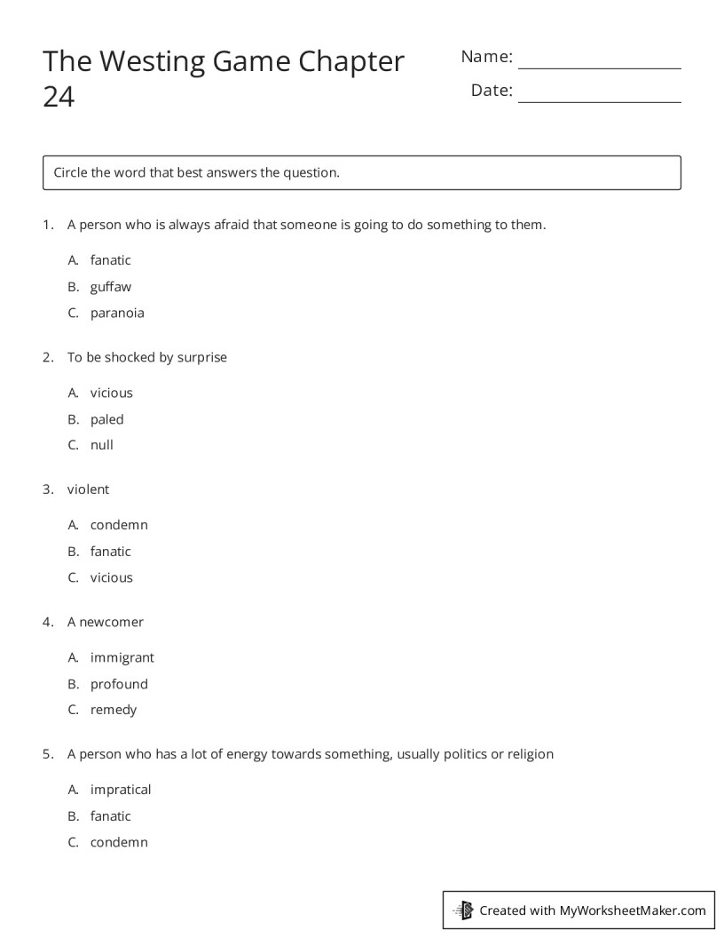 Westing Game Worksheets