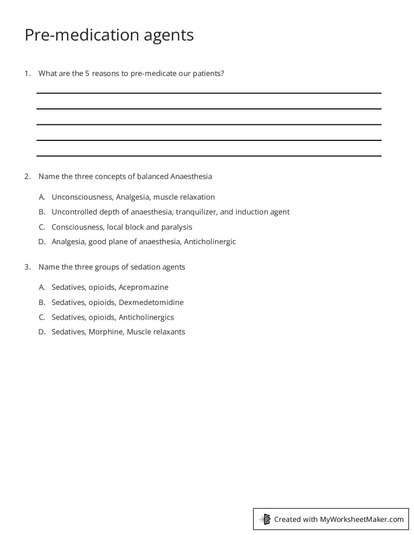 Pre-medication agents - My Worksheet Maker: Create Your Own Worksheets
