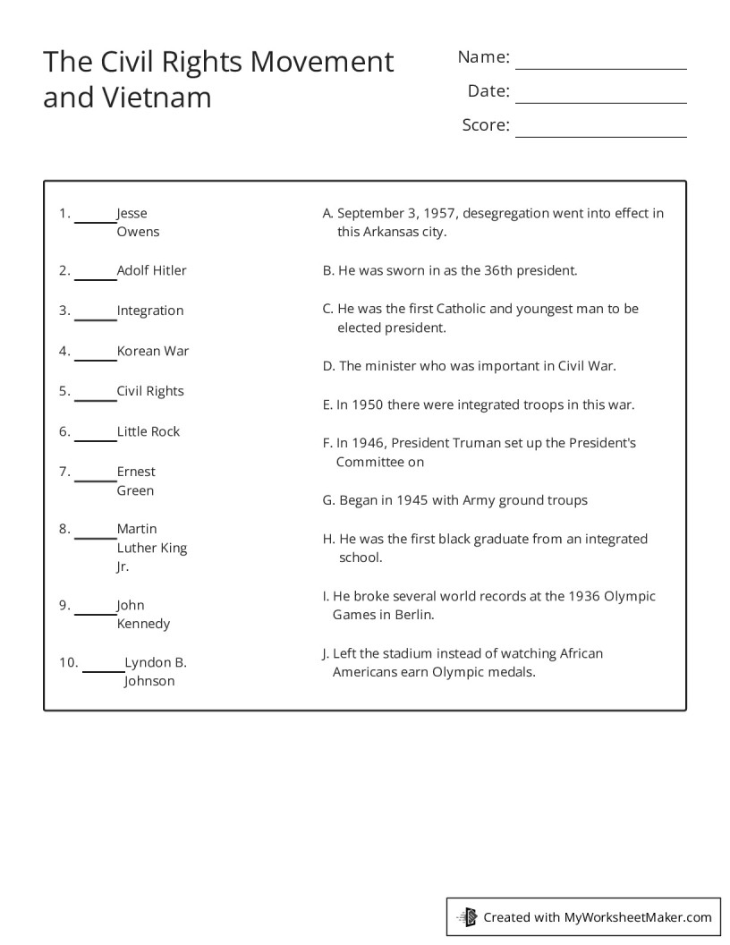 The Civil Rights Movementand Vietnam - My Worksheet Maker: Create Your ...