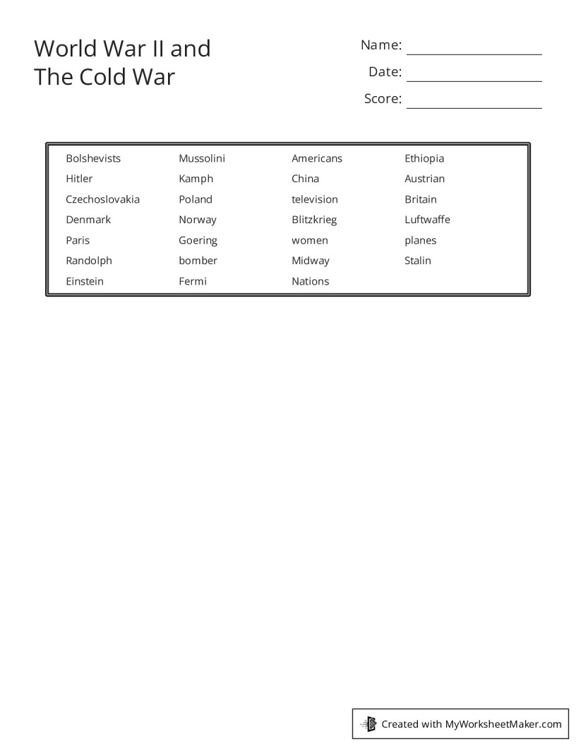 World War II and The Cold War - My Worksheet Maker: Create Your Own ...