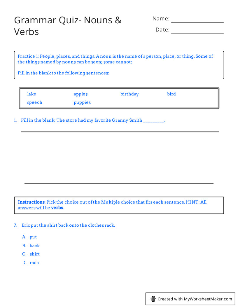 Grammar Quiz- Nouns & Verbs - My Worksheet Maker: Create Your Own ...