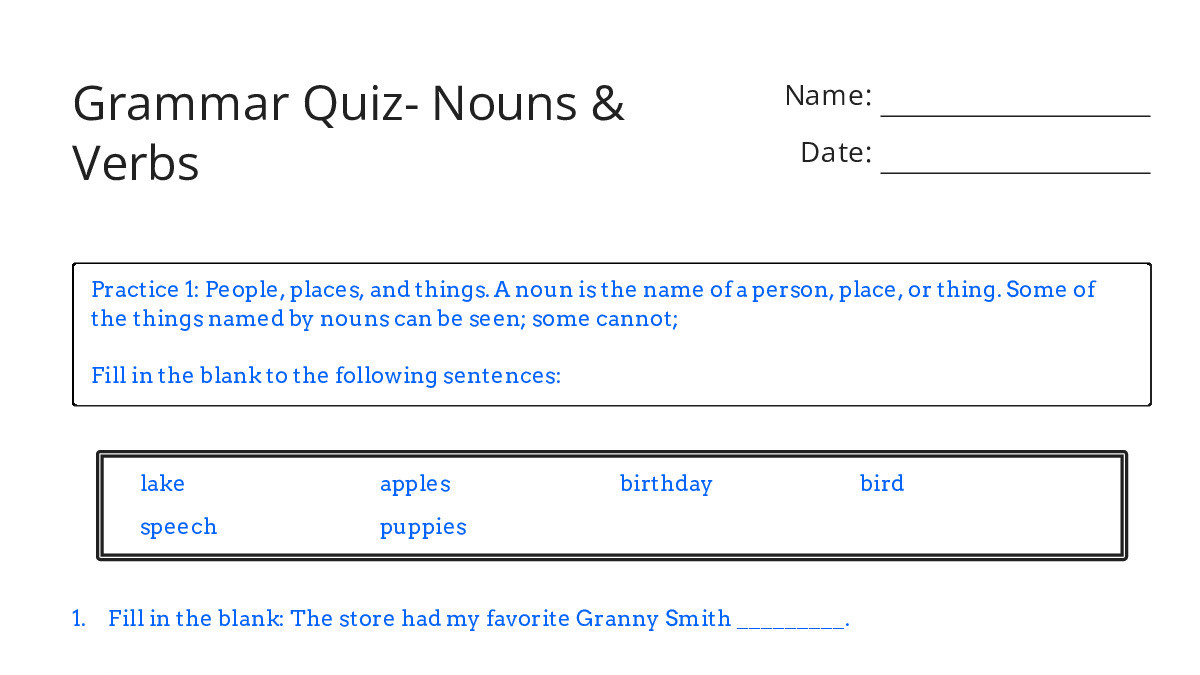 Grammar Quiz- Nouns & Verbs - My Worksheet Maker: Create Your Own ...