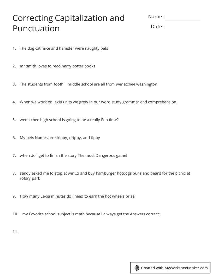 Correcting Capitalization and Punctuation - My Worksheet Maker: Create ...