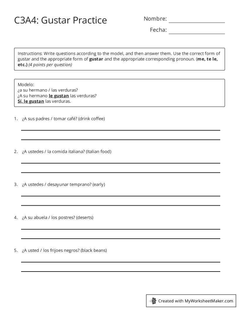 Gustar Practice Sentences