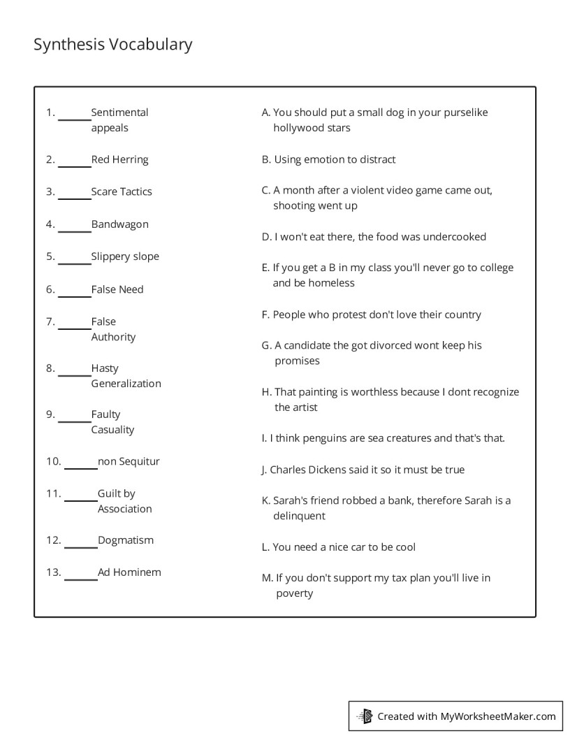 Synthesis Vocabulary - My Worksheet Maker: Create Your Own Worksheets