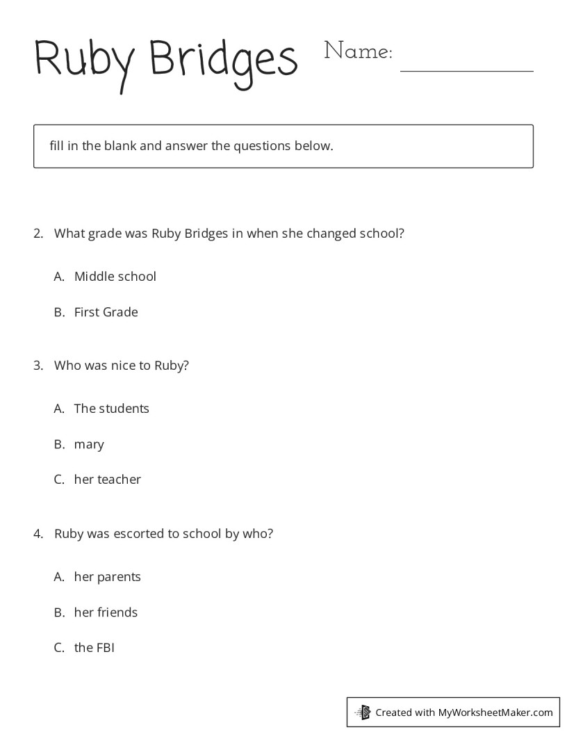 Ruby Bridges - My Worksheet Maker: Create Your Own Worksheets