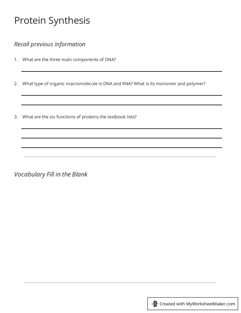 Protein Synthesis - My Worksheet Maker: Create Your Own Worksheets