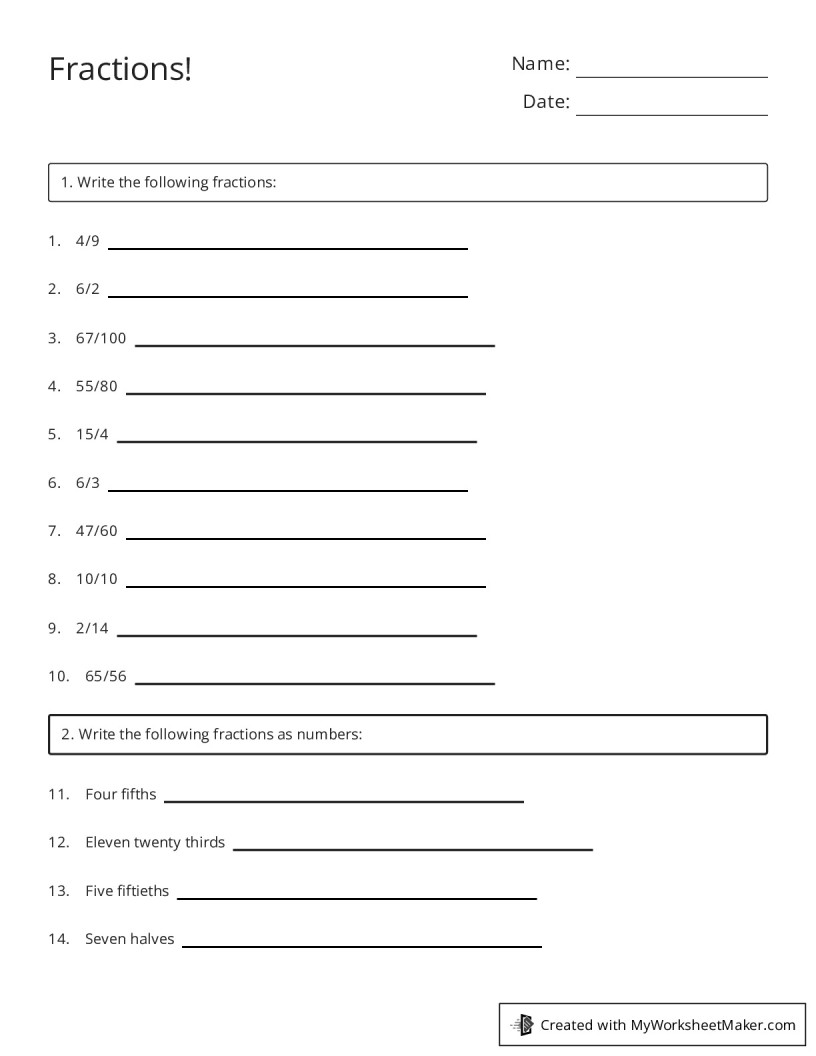 Fractions! - My Worksheet Maker: Create Your Own Worksheets