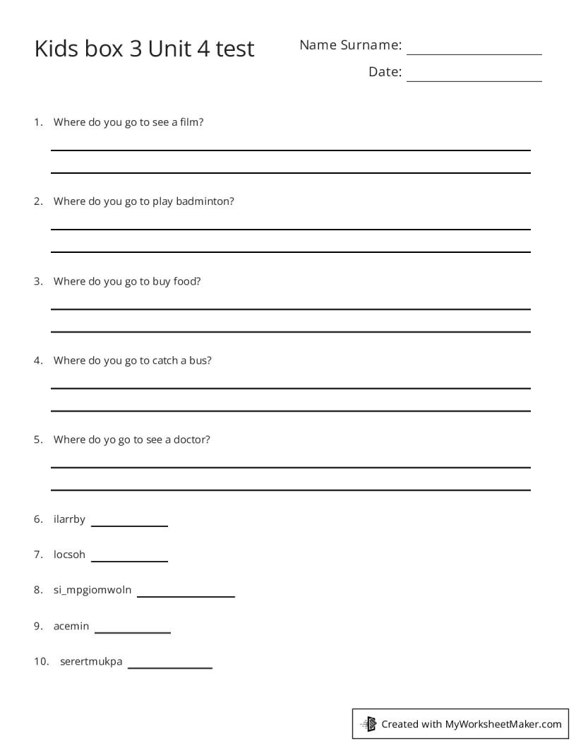 Kids box 3 Unit 4 test - My Worksheet Maker: Create Your Own Worksheets