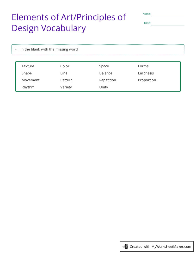 Elements of Art/Principles of Design Vocabulary - My Worksheet Maker ...