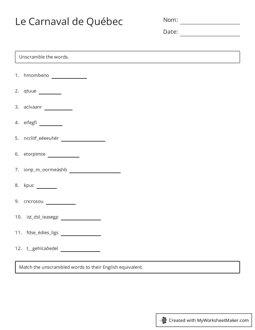 Le Carnaval de Québec - My Worksheet Maker: Create Your Own Worksheets