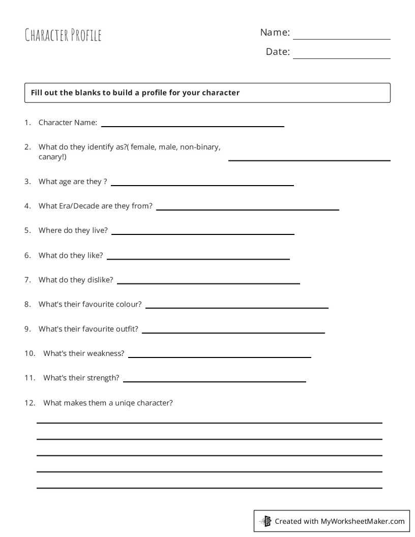 Character Profile - My Worksheet Maker: Create Your Own Worksheets