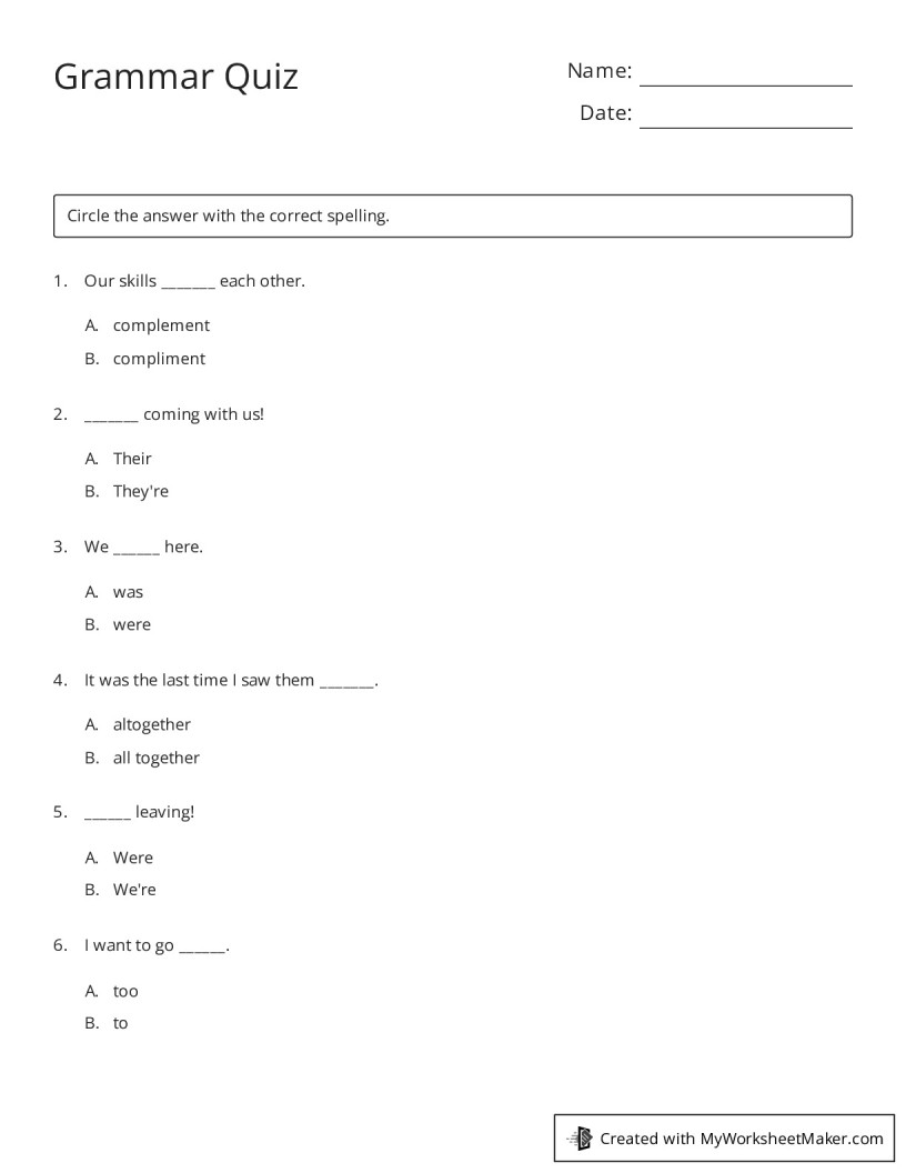 Grammar Quiz - My Worksheet Maker: Create Your Own Worksheets