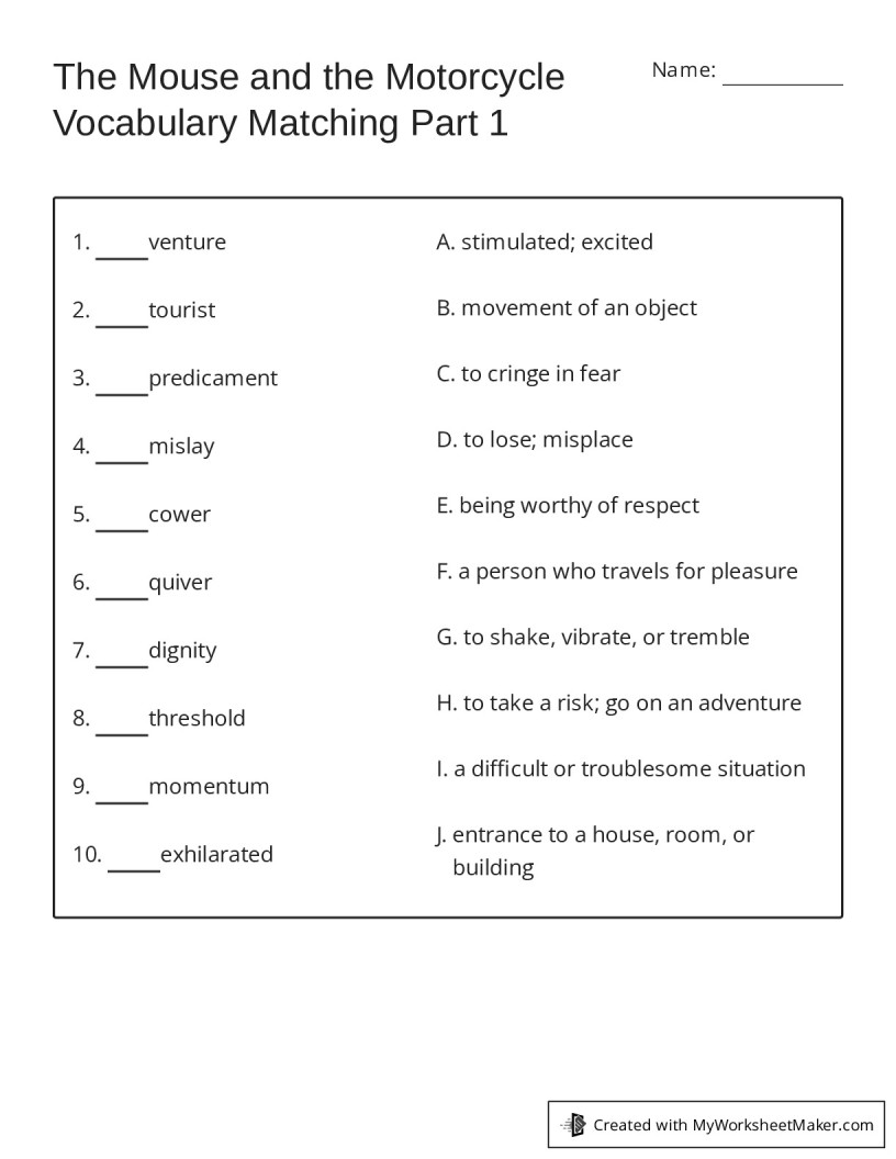 The Mouse and the Motorcycle Vocabulary Matching Part 1 - My Worksheet ...