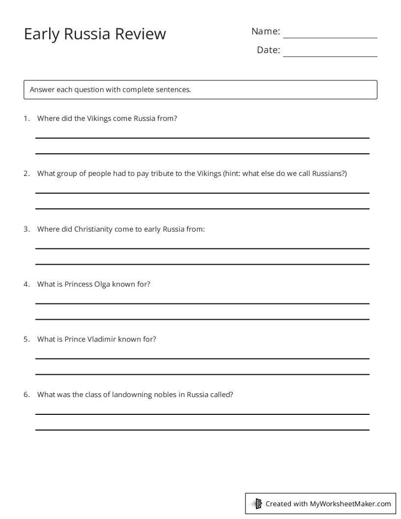 Early Russia Review - My Worksheet Maker: Create Your Own Worksheets