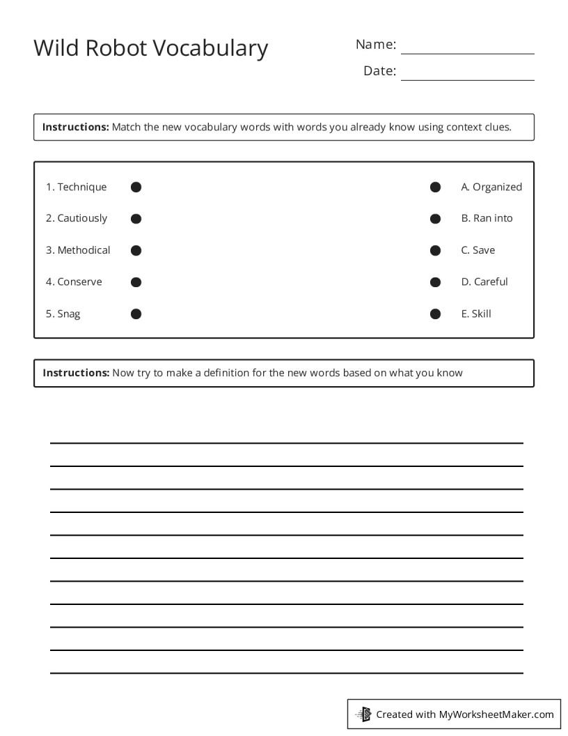 Wild Robot Vocabulary - My Worksheet Maker: Create Your Own Worksheets