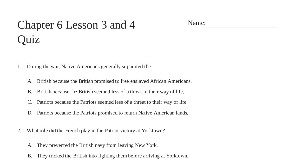 Chapter 6 Lesson 3 and 4 Quiz - My Worksheet Maker: Create Your Own ...