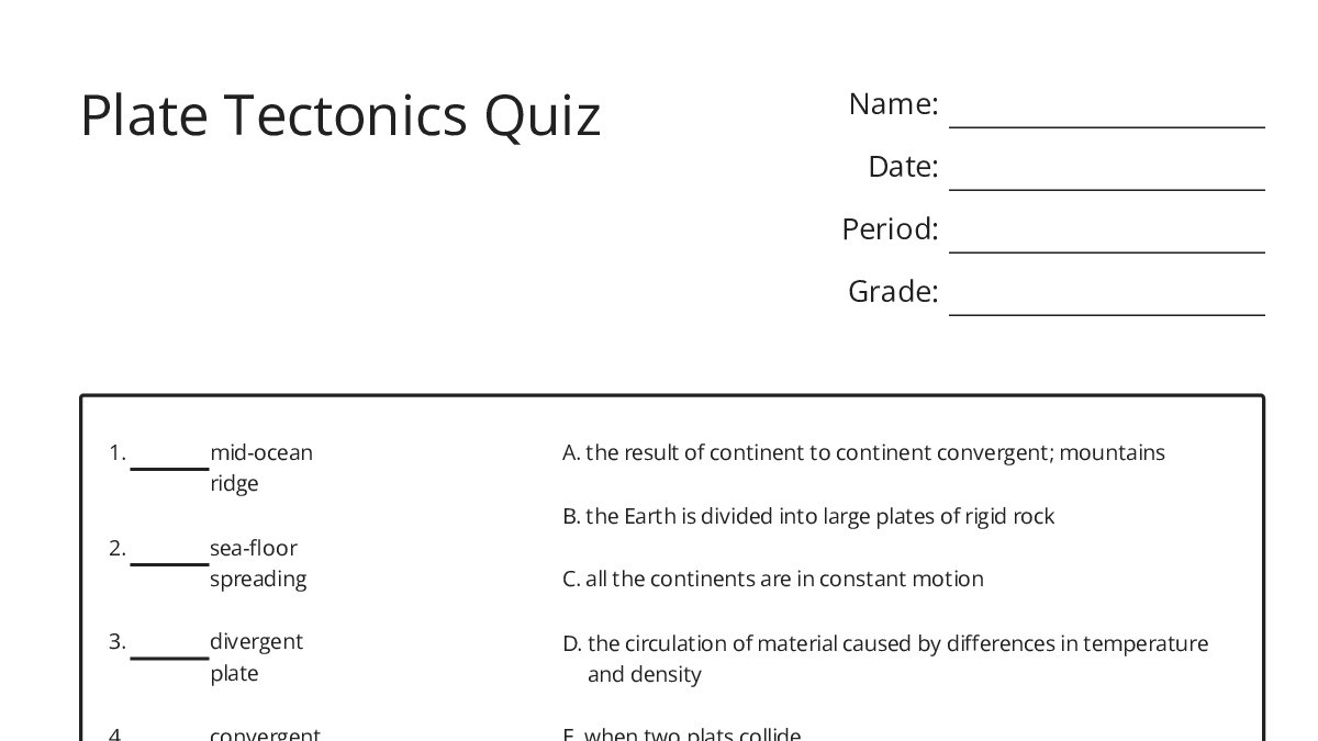 Plate Tectonics Quiz - My Worksheet Maker: Create Your Own Worksheets