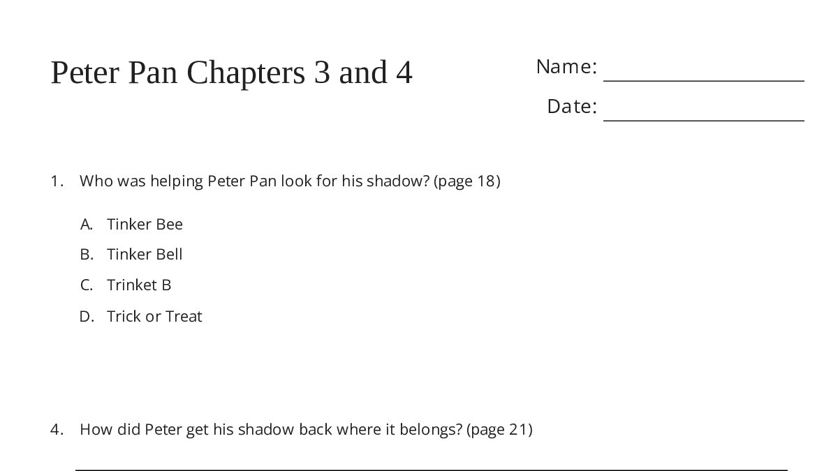 Peter Pan Chapters 3 and 4 - My Worksheet Maker: Create Your Own Worksheets