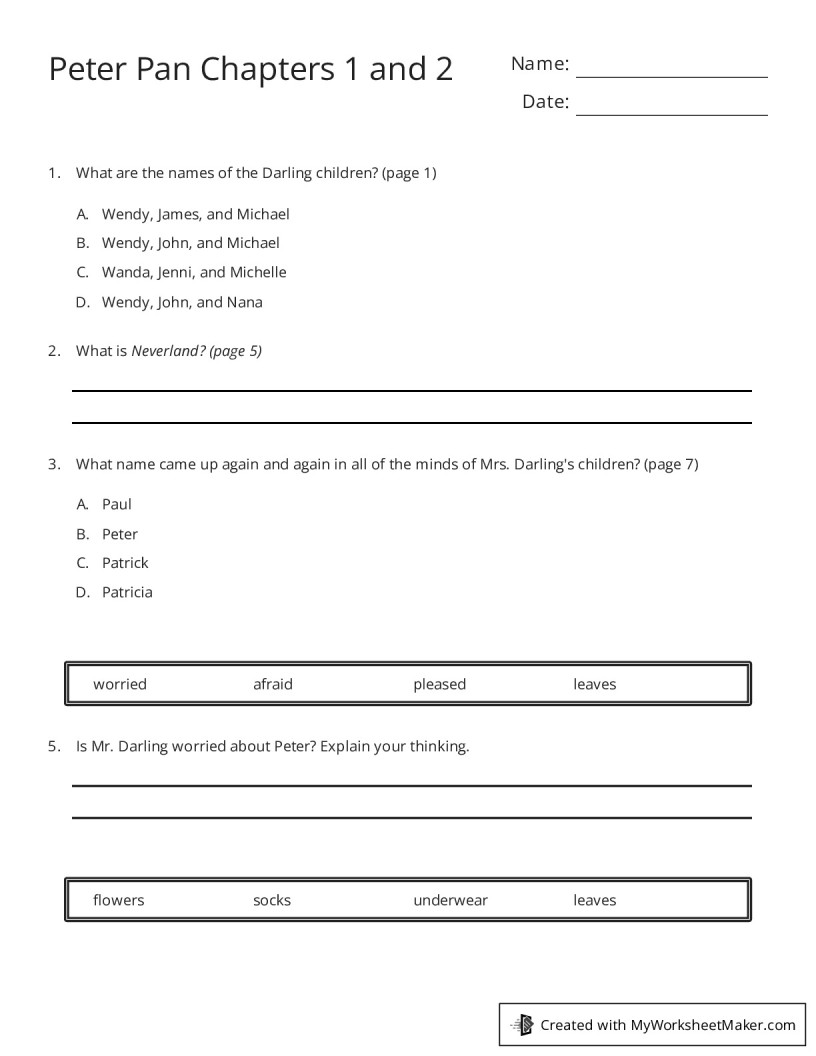 Peter Pan Chapters 1 and 2 - My Worksheet Maker: Create Your Own Worksheets