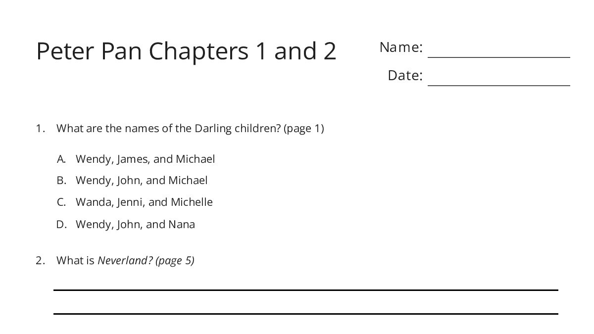 Peter Pan Chapters 1 and 2 - My Worksheet Maker: Create Your Own Worksheets