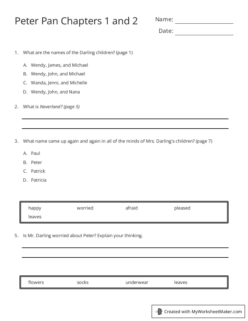 Peter Pan Chapters 1 and 2 - My Worksheet Maker: Create Your Own Worksheets