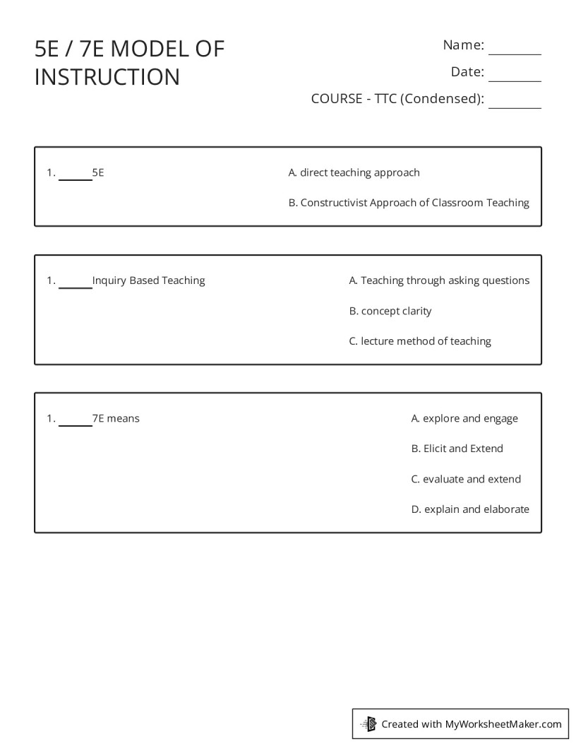 5E / 7E MODEL OF INSTRUCTION - My Worksheet Maker: Create Your Own ...